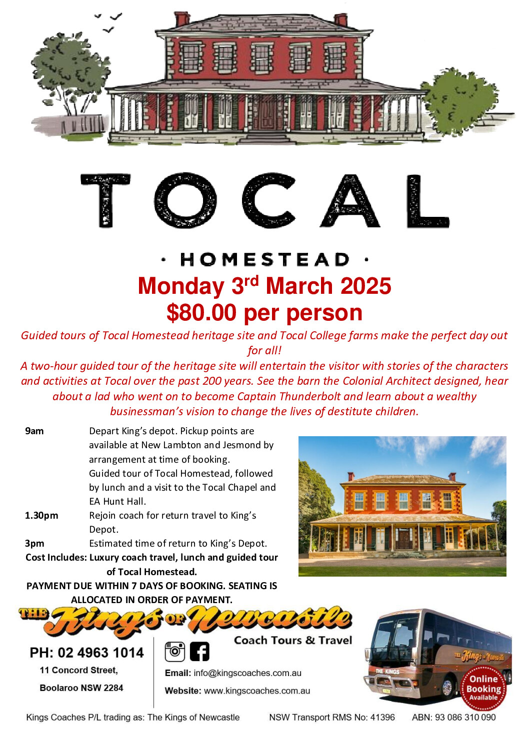 Tocal Itinerary | Kings Coaches
